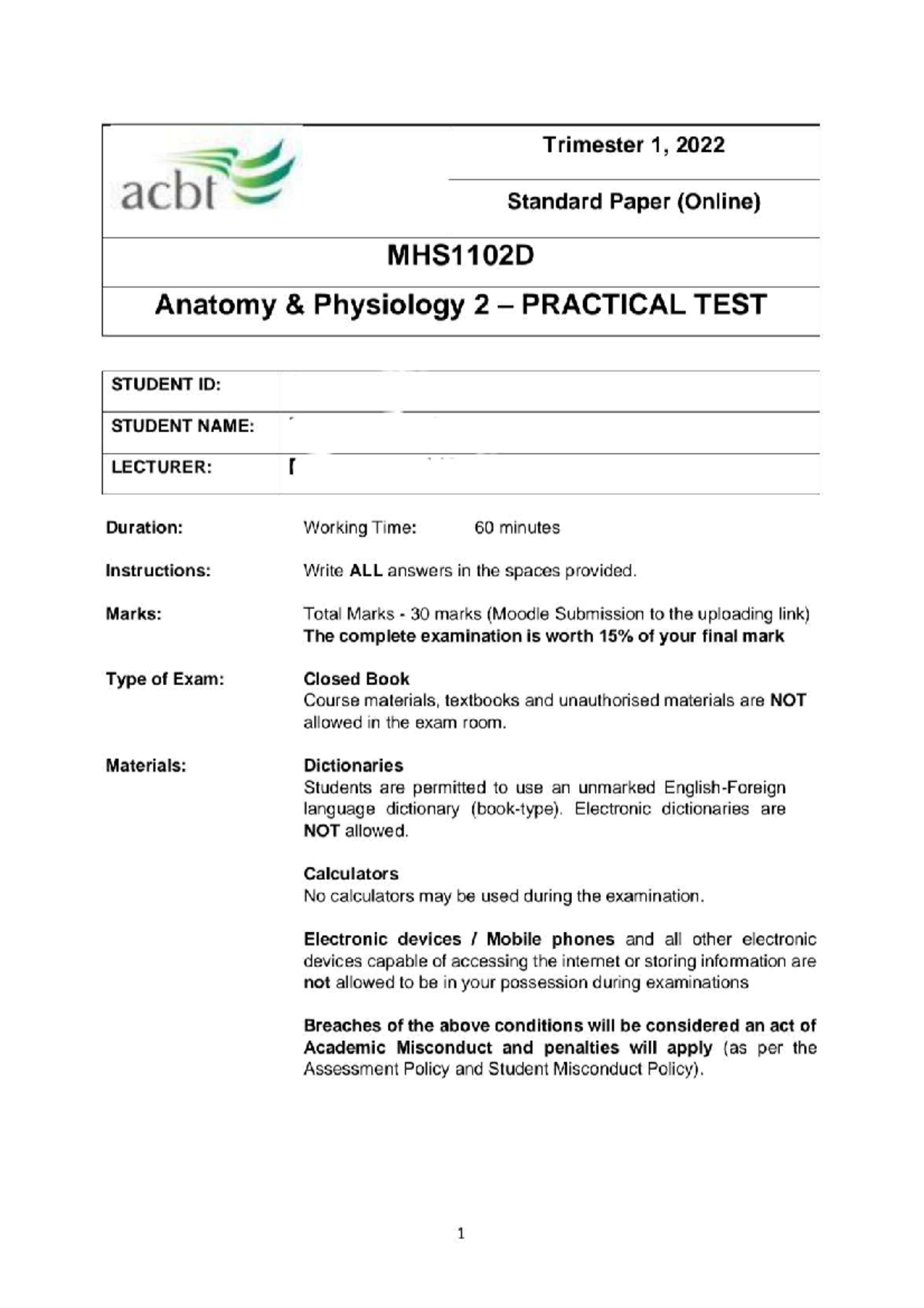 Anatomy & Physiology 2 Spot test paper - PRACTICAL TEST - SHORT ANSWER ...