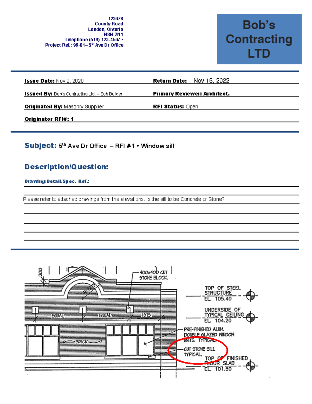 RFI #1 from Bob's Contracting - 123678 County Road London, Ontario N8N ...