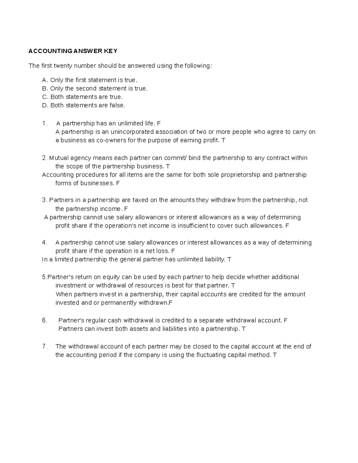 Accounting Answer Key - ACCOUNTING ANSWER KEY The first twenty number ...