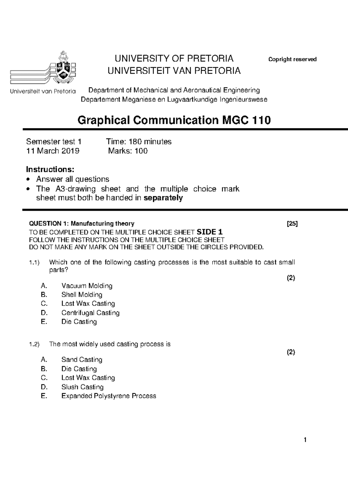 MGC110 Test 1 March 2019 - MGC 110 - UP - Studocu