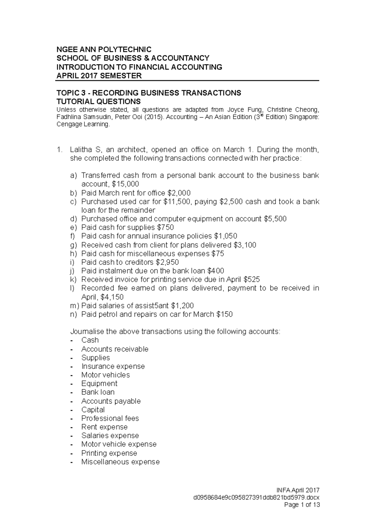 Topic 3 Recording Biz Txns Tutorial Qns - NGEE ANN POLYTECHNIC SCHOOL ...