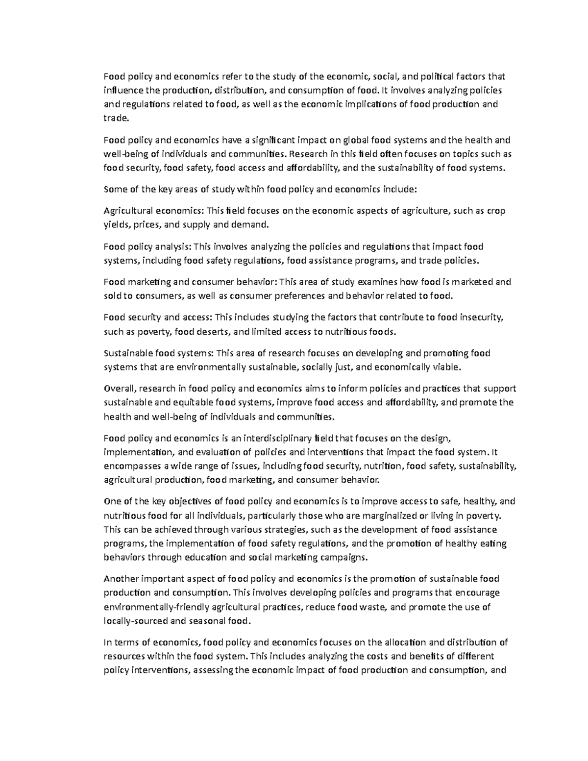 Food Policy and Economics - It involves analyzing policies and ...