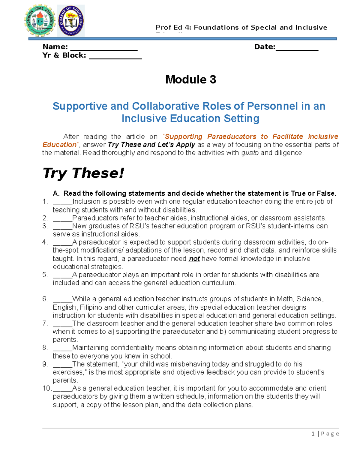FSIE Module 3 Activity Sheets - Name: ___________________ Date ...