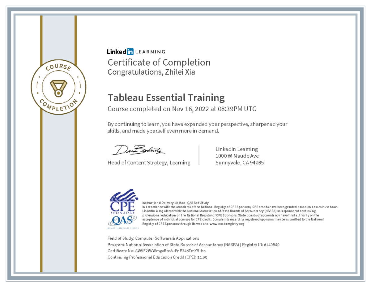 Certificate Of Completion Tableau Essential Training - Certificate of ...