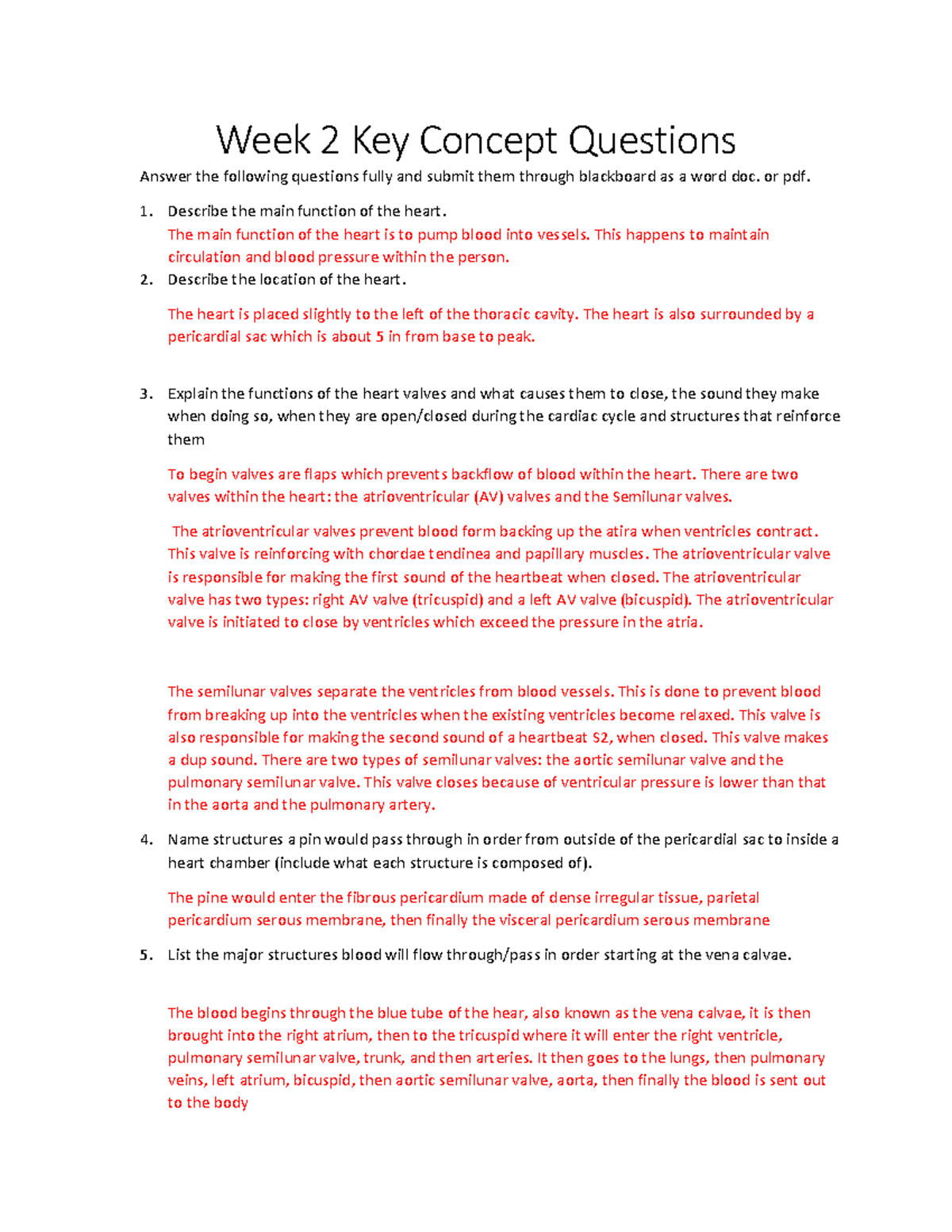 Heart Study Guide - Week 2 Key Concept Questions Answer the following ...