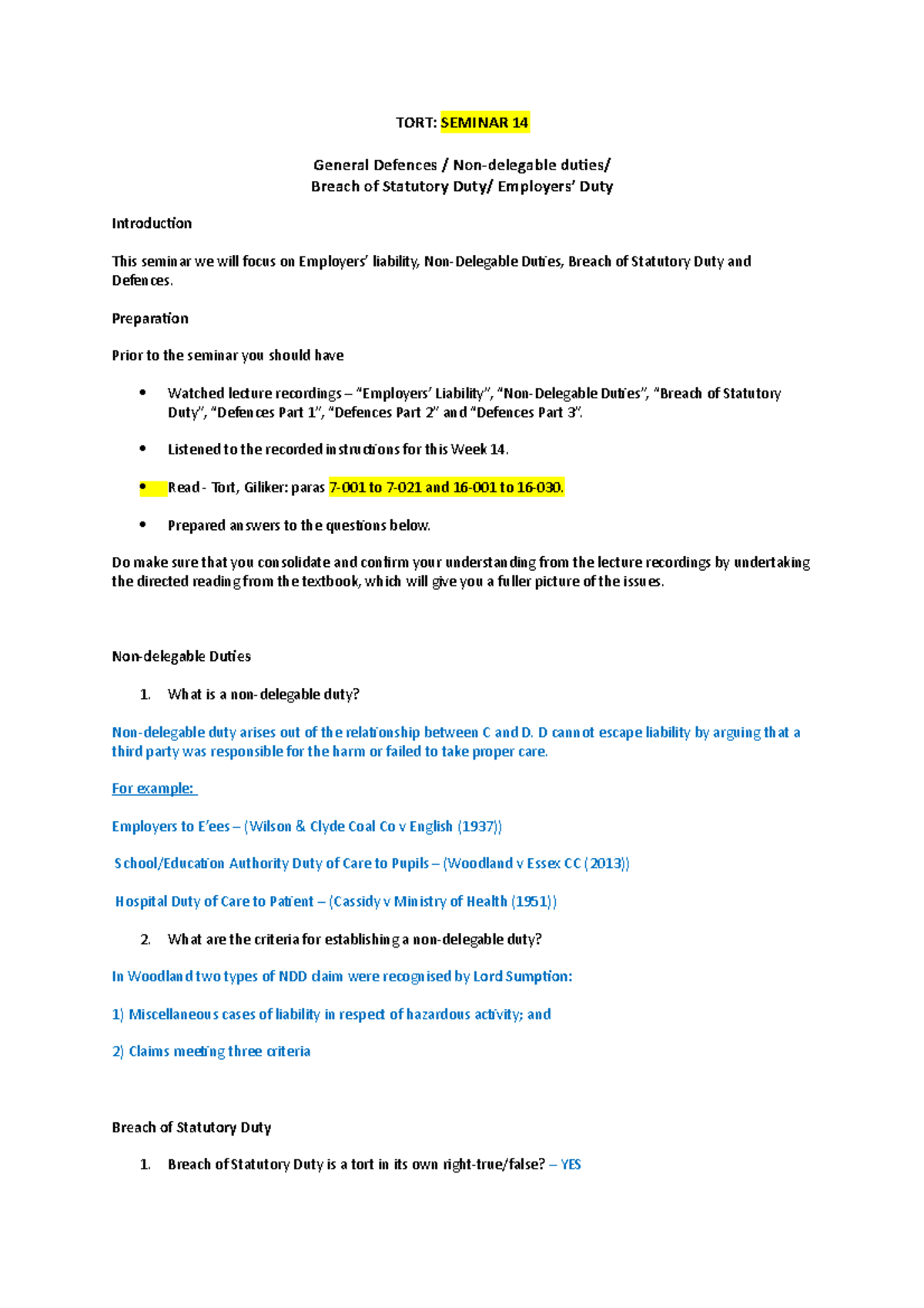 Seminar 14 - TORT: SEMINAR 14 General Defences / Non-delegable duties ...