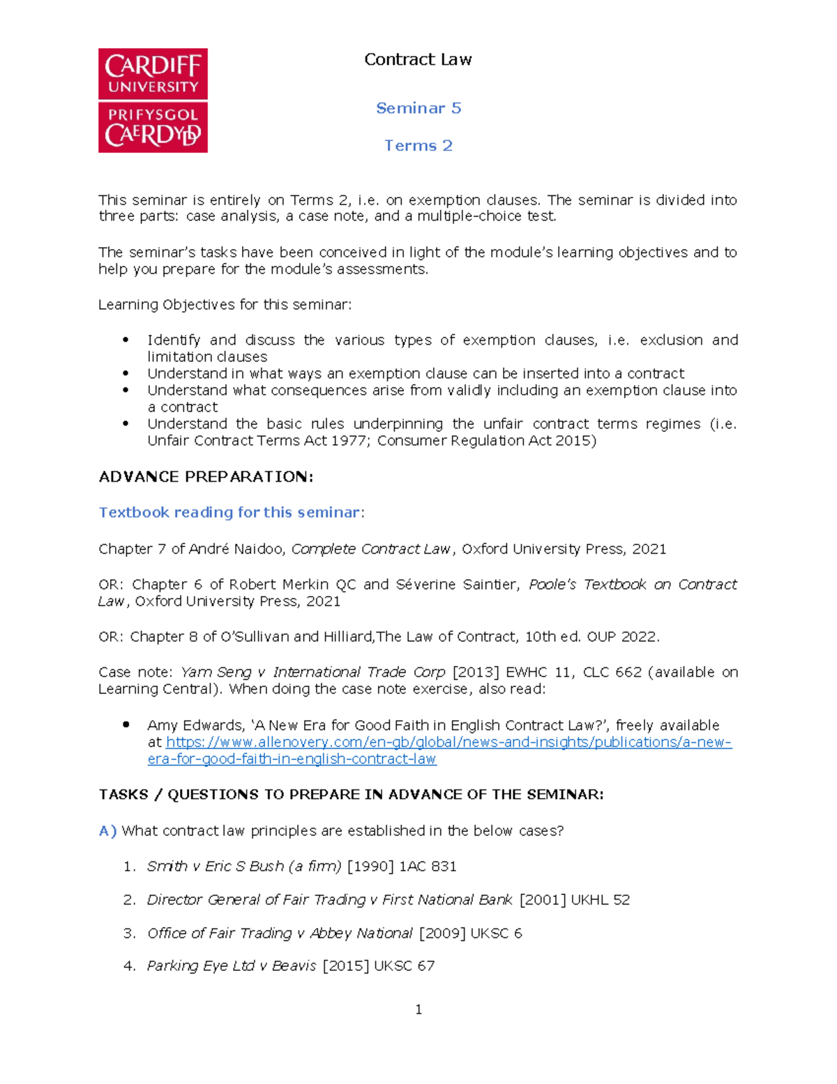 22-23 Contract Law Seminar 5 Questions Alternative Format - Seminar 5 ...
