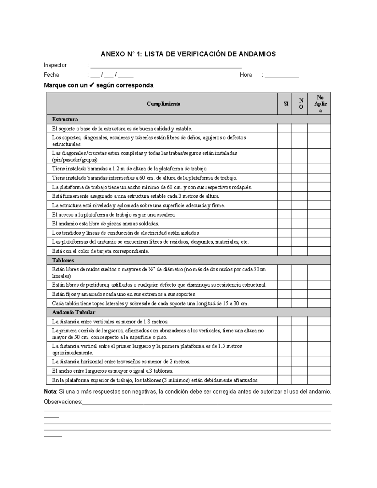 Check List Para Andamios - ANEXO N° 1: LISTA DE VERIFICACIÓN DE ...