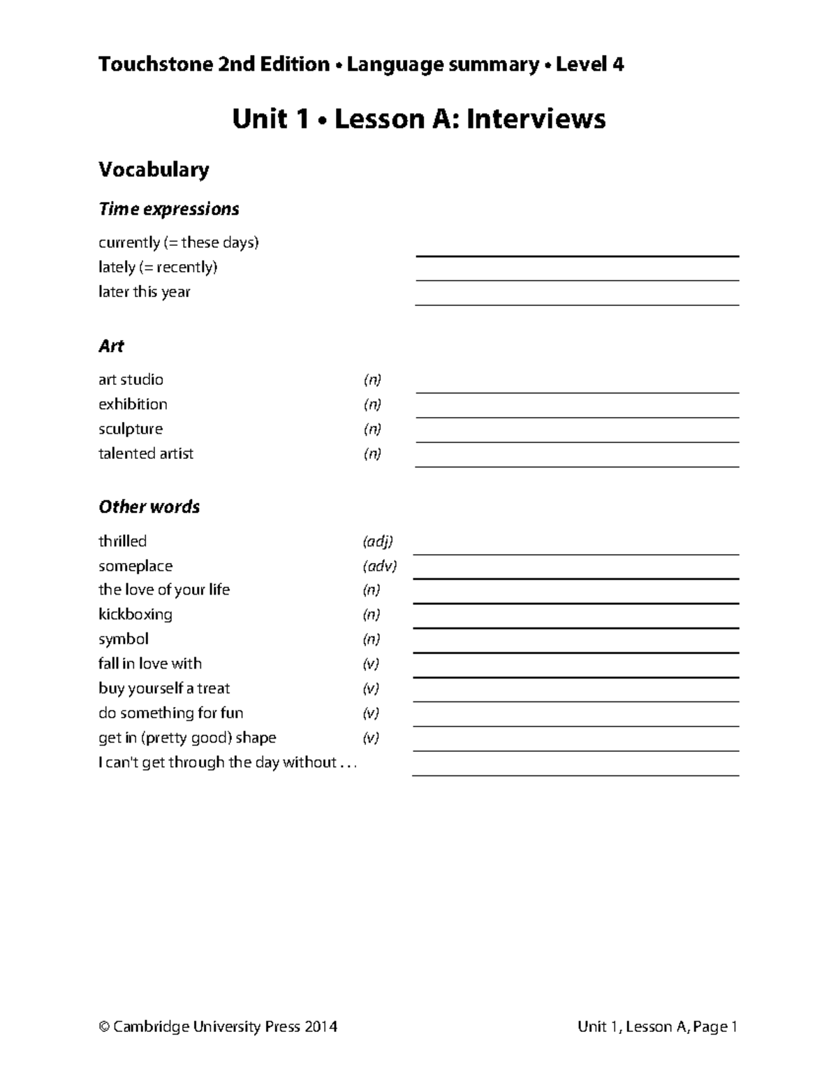 TS2e L4 U1 LA Langsum - Touchstone 2nd Edition • Language summary • Level 4 Unit 1 • Lesson A ...