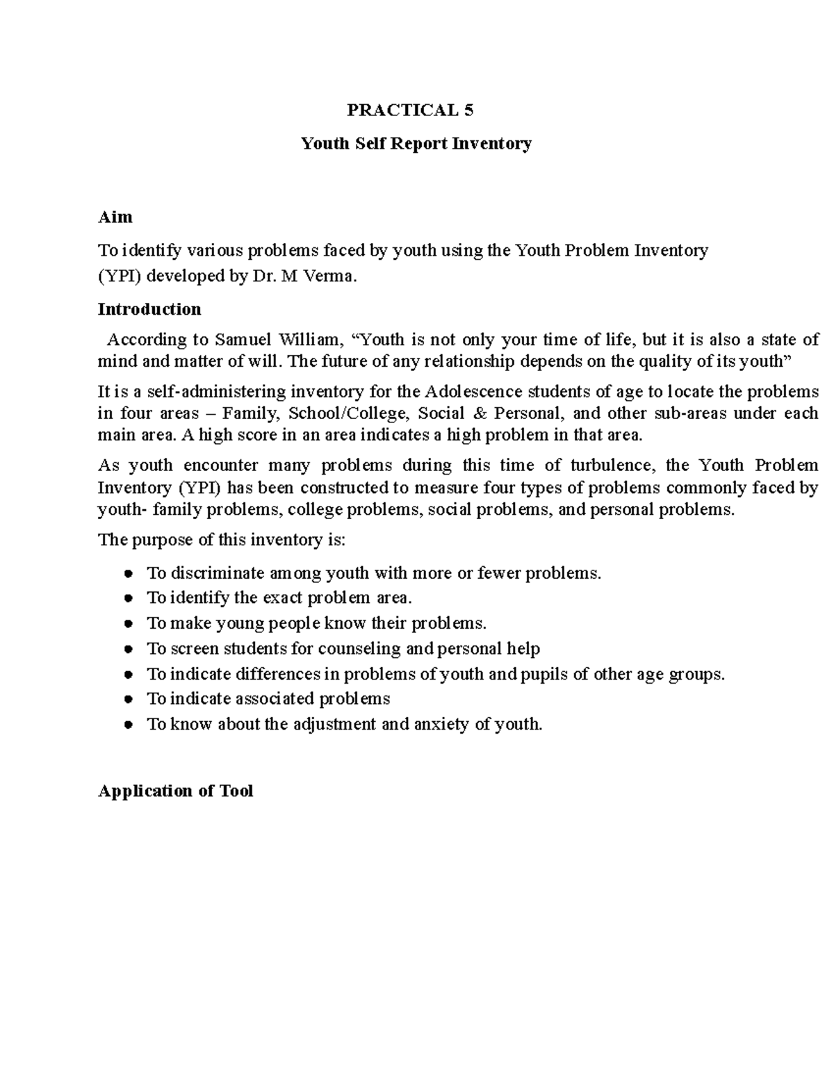 Youth Self Report Inventory - PRACTICAL 5 Youth Self Report Inventory ...