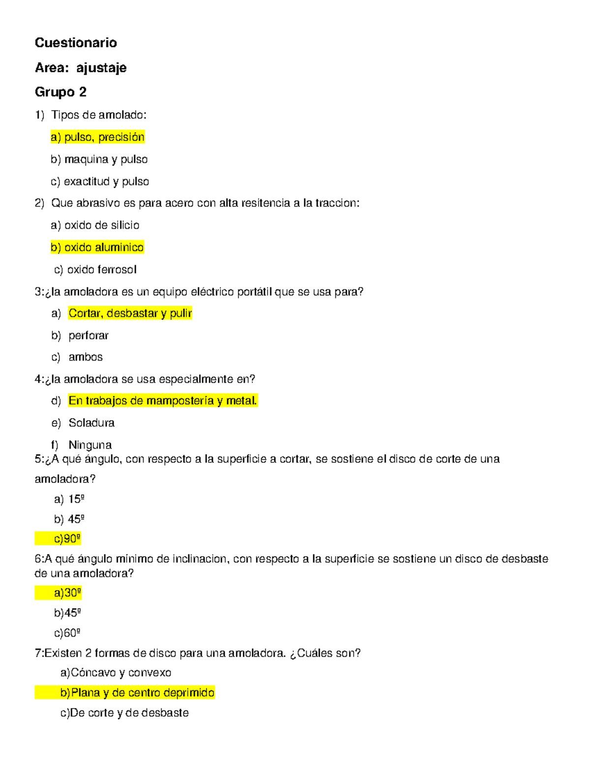 Cuestionario ajustaje grupo 2 - Cuestionario Area: ajustaje Grupo 2 ...