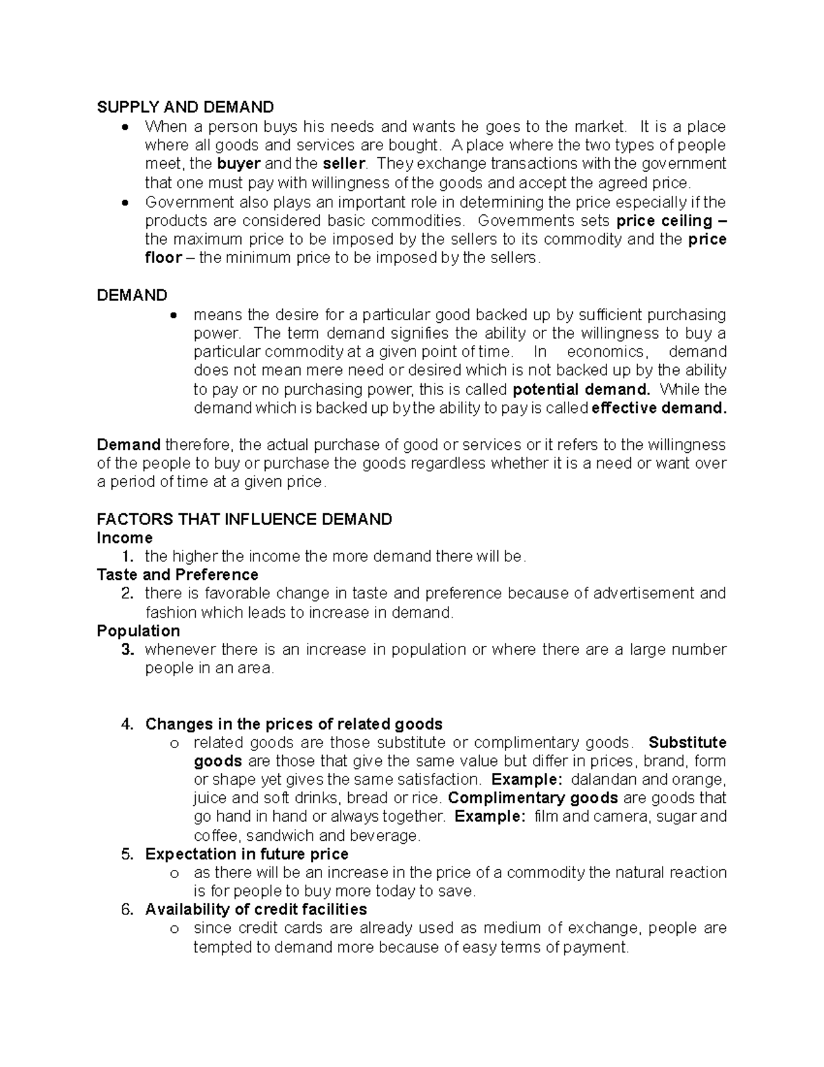Notes about Supply and Demand - SUPPLY AND DEMAND When a person buys ...