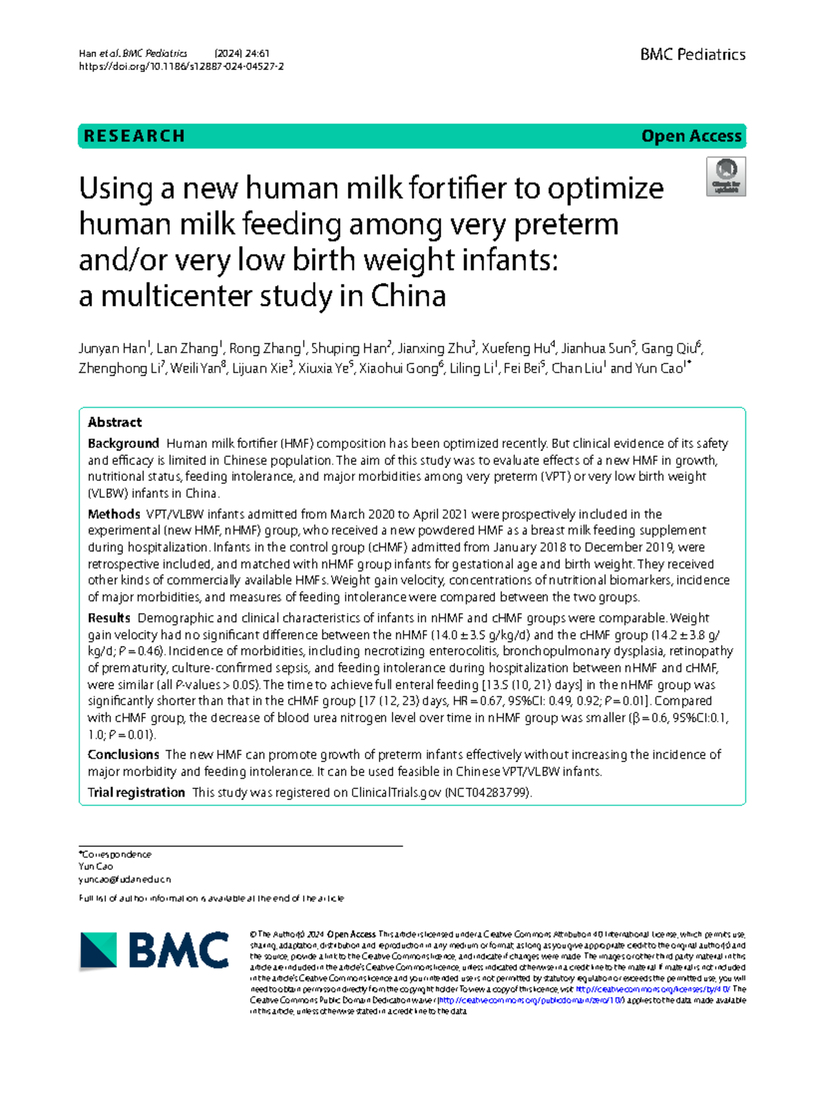 Using a new human milk fortifier among very preterm or very low birth ...