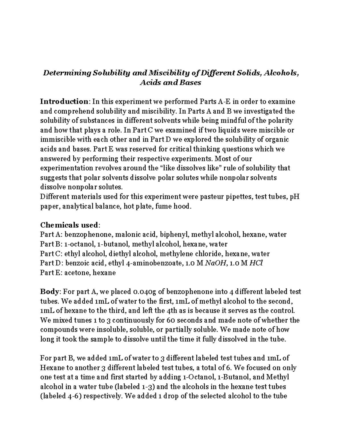 Determining Solubility and Miscibility of Different Solids, Alcohols ...