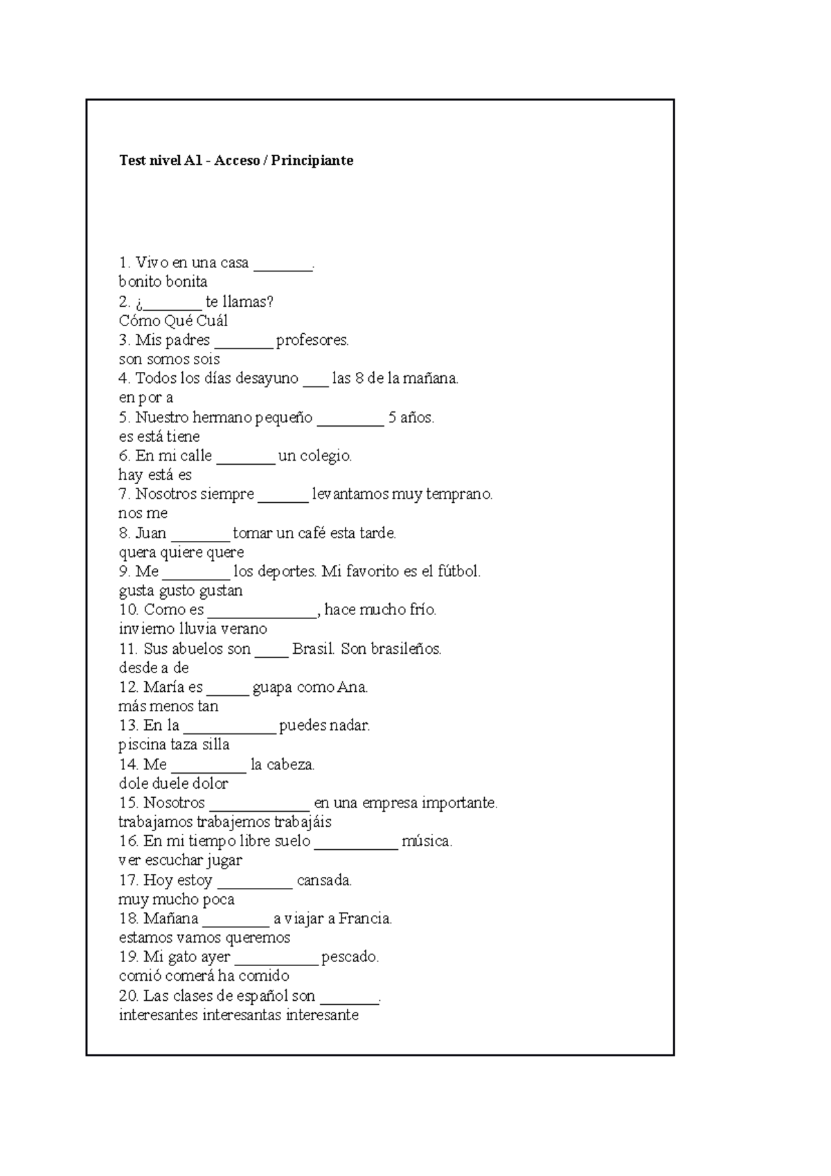 Test nivel A1 - Test para comprobar los conocimientos de español ...