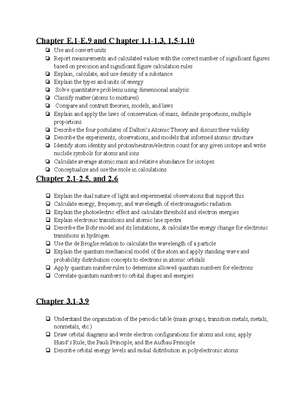 Final Exam Chem 130 Content Checklist Fall 2020 - Chapter E.1-E and C ...