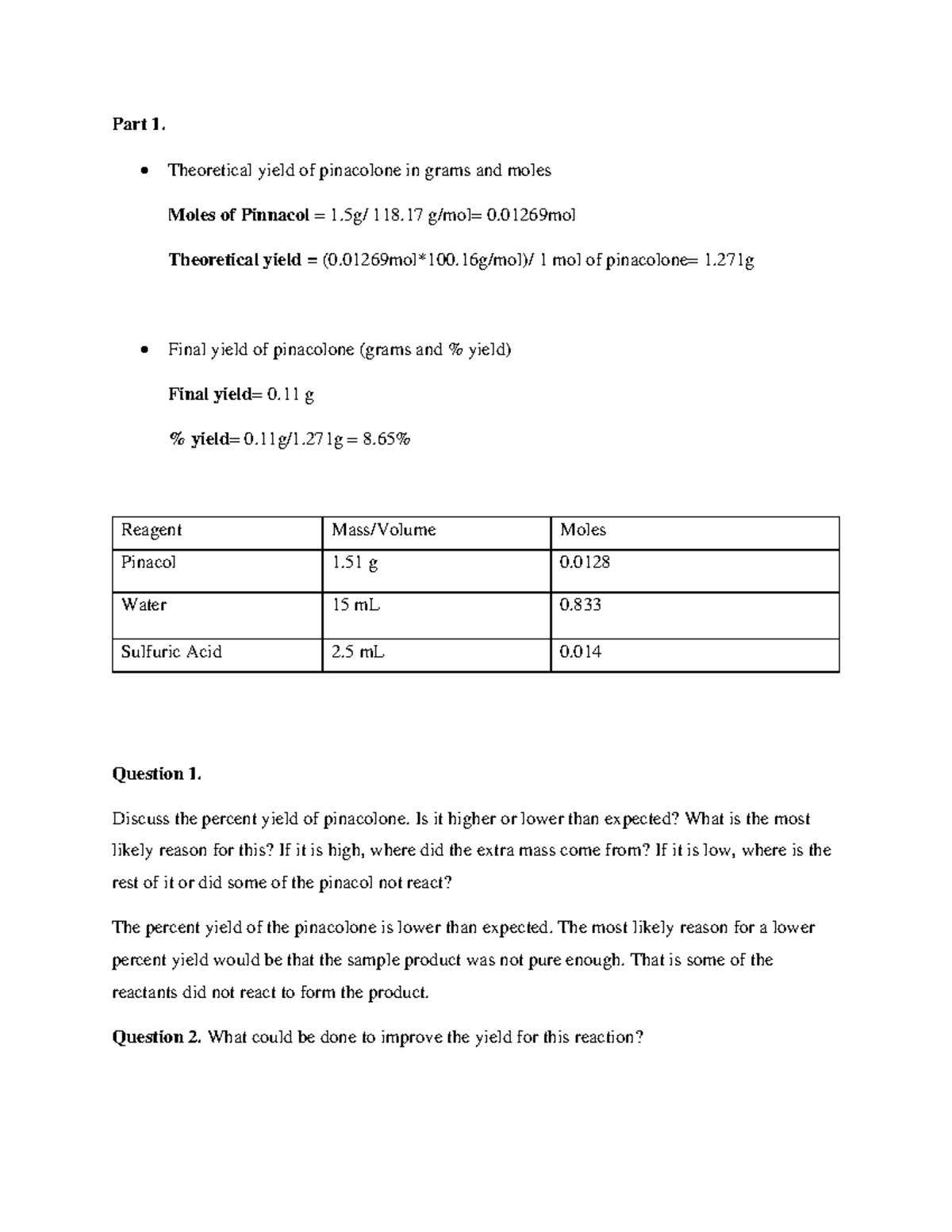 Post lab 1 - Post lab after the experiment - Part 1. Theoretical yield ...