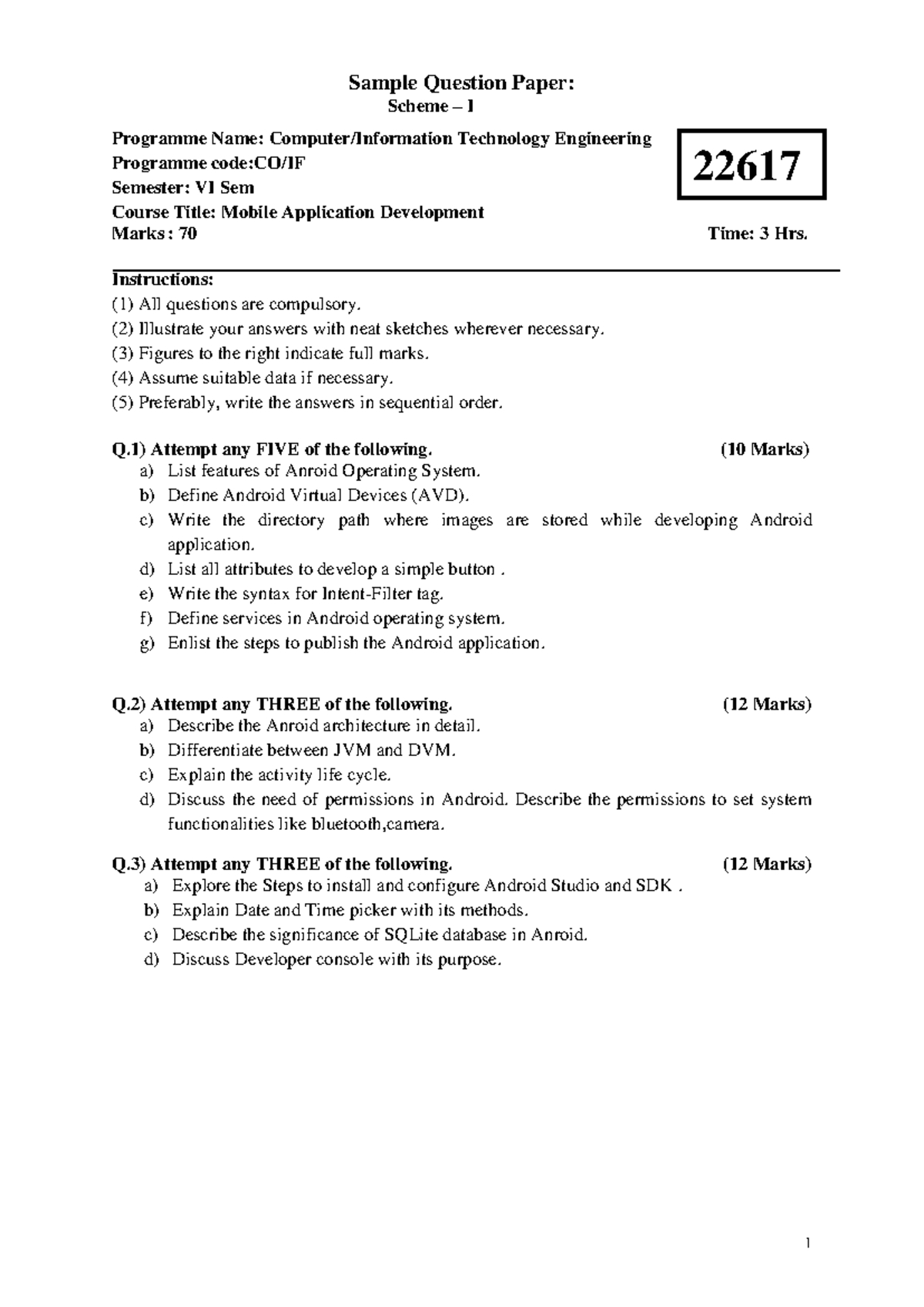 Mad22617 questionpaper - Sample Question Paper: Scheme – I Programme Name: Computer/Information ...