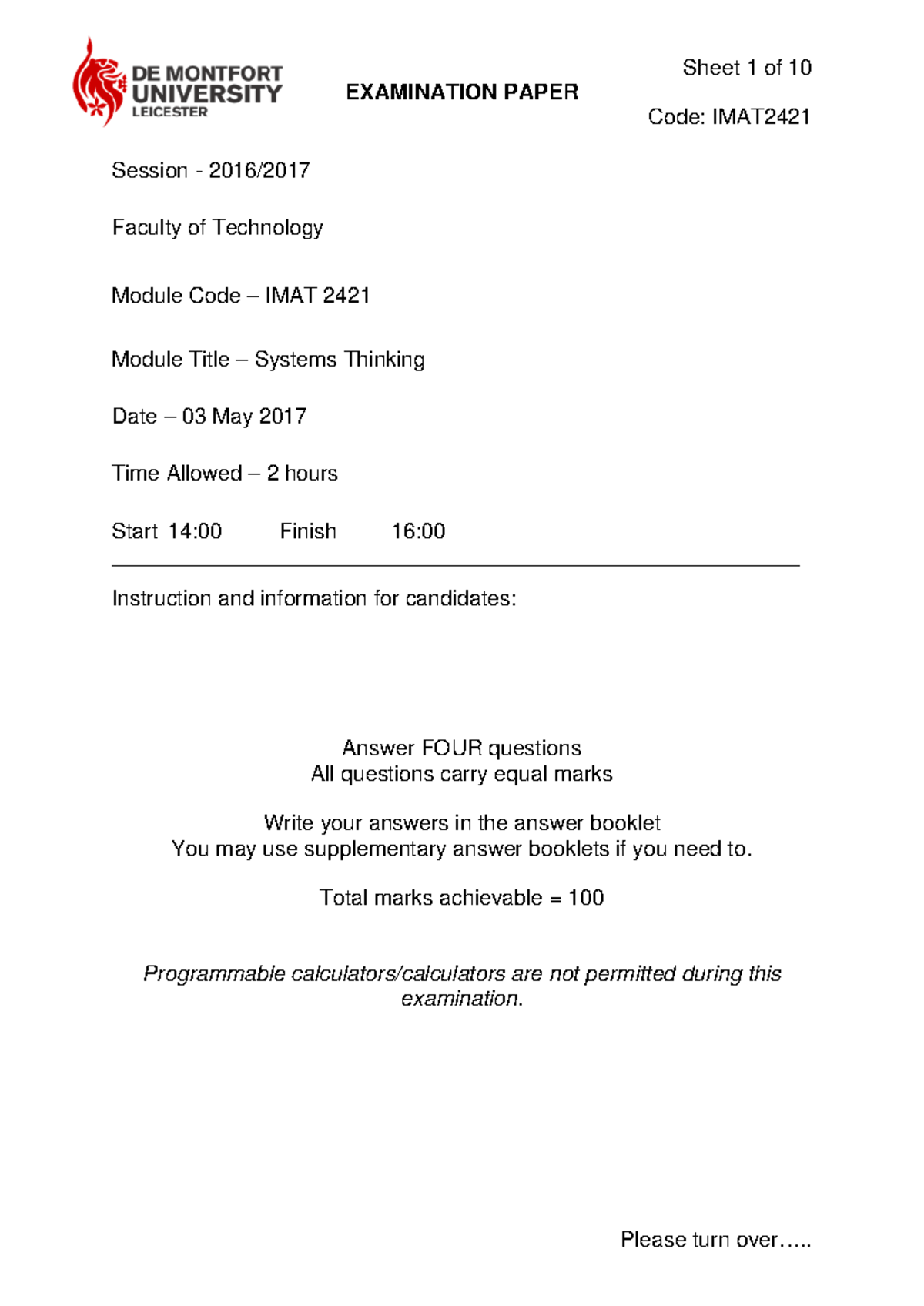 IMAT2421 2017 Exam - Sheet 1 of 10 EXAMINATION PAPER Code: IMAT Session ...