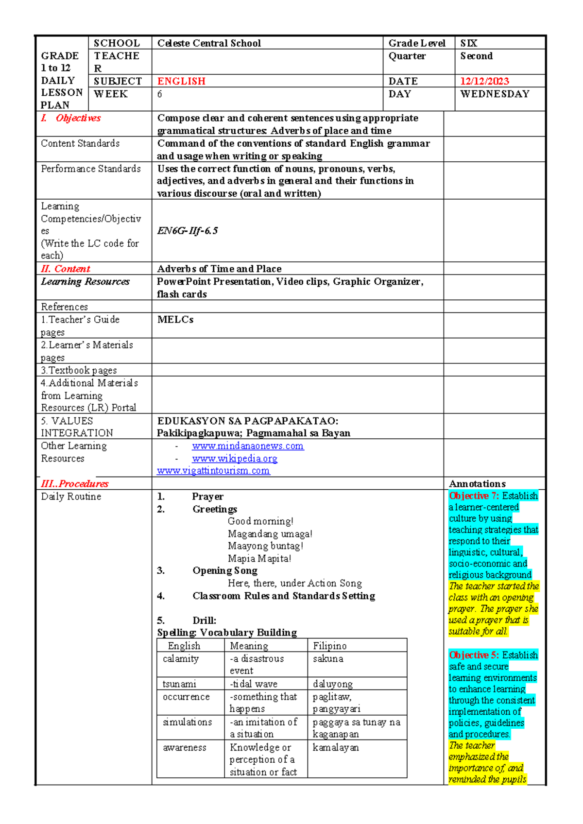 LESSON PLAN IN ENGLISH - GRADE 1 to 12 DAILY LESSON PLAN SCHOOL Celeste ...