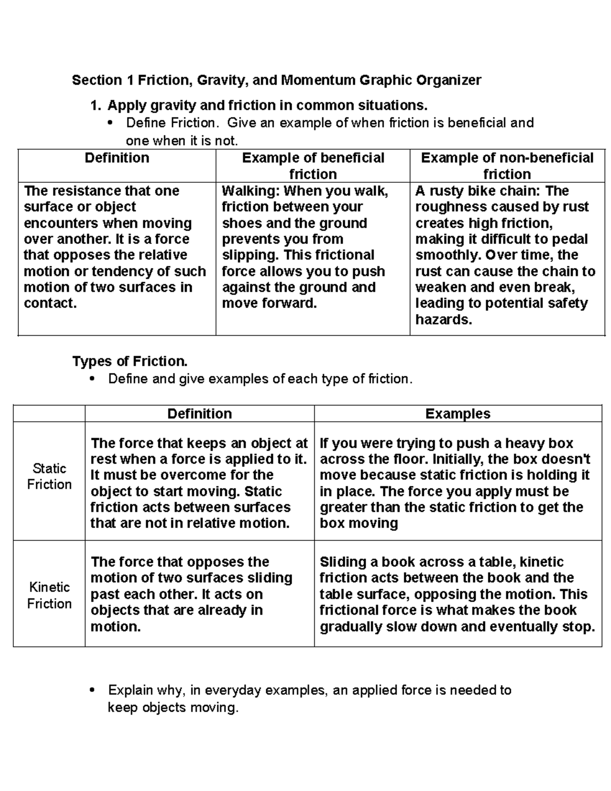 (#2) Section 1 Friction, Gravity, and Momentum Graphic Organizer ...