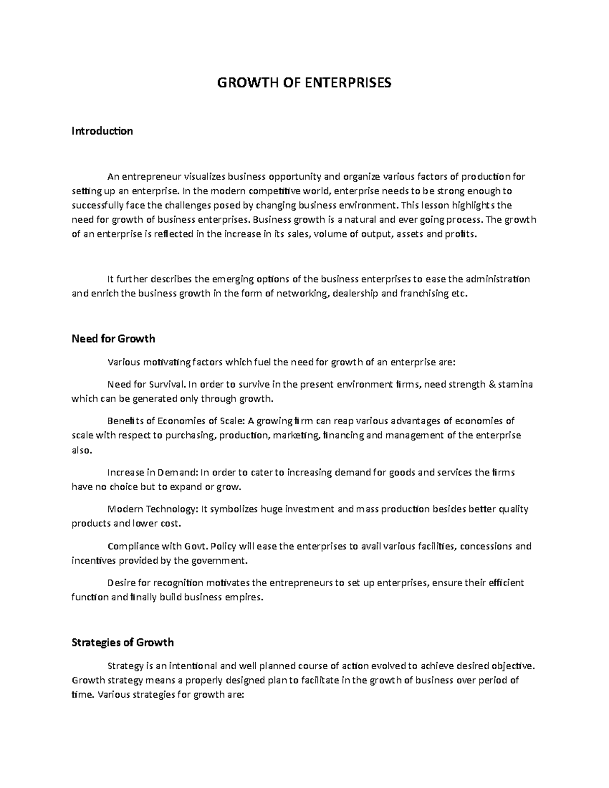 Growth OF Enterprises - GROWTH OF ENTERPRISES Introduction An ...