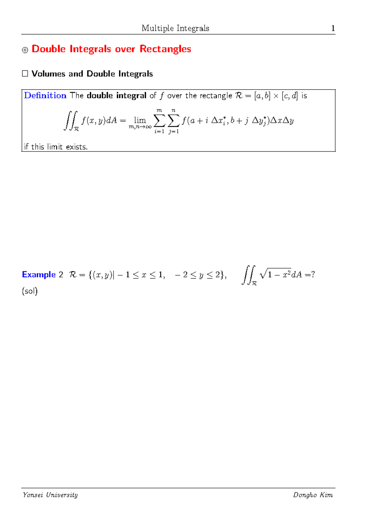 Lecture Note(chap14) - 공학수학 14장 강의노트 - Multiple Integrals 1 } Double Integrals over Rectangles ...