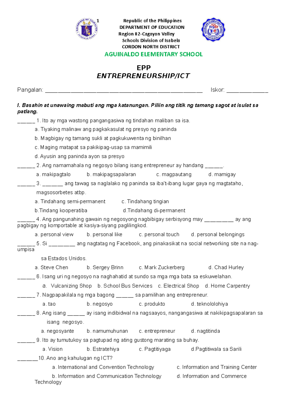 EPP - EPP - 1 Republic of the Philippines DEPARTMENT OF EDUCATION ...