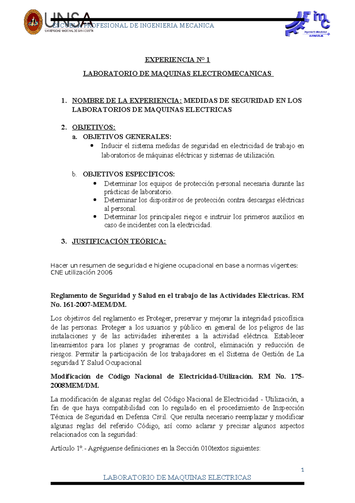 GUIA N° 01 LAB Maquinas Electricas - EXPERIENCIA N° 1 LABORATORIO DE MAQUINAS ELECTROMECANICAS 1 ...