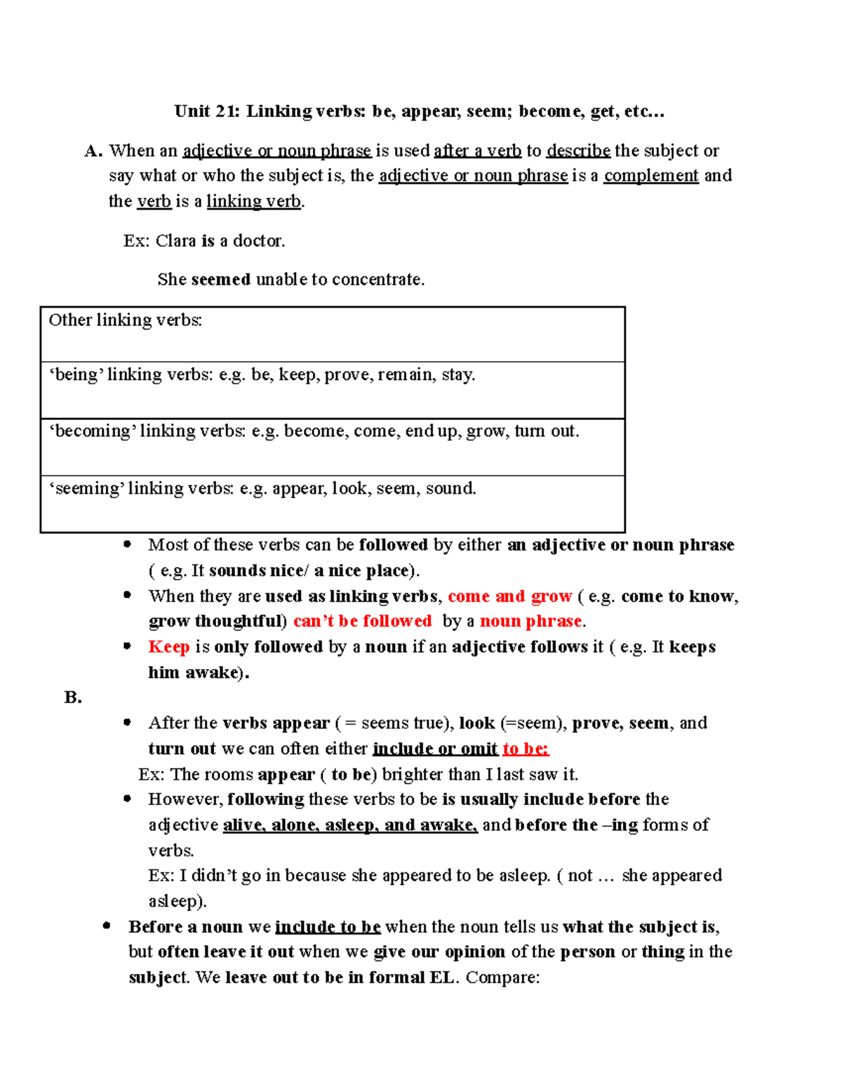 3456 3456 Unit 21 Linking Verbs Be Appear Seem Become Get