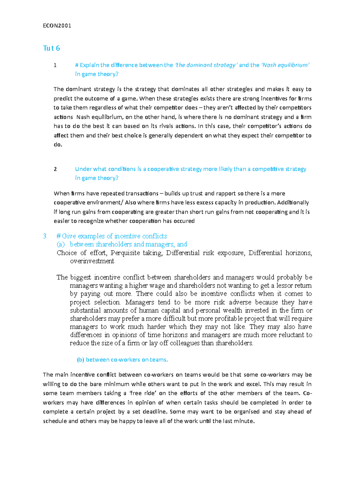 Tutorial Work Answers To All Tutorial Questions For This Course Tut