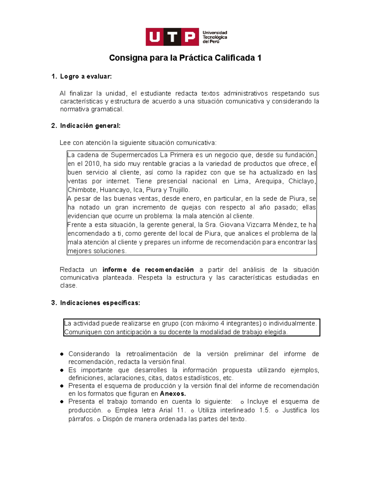 Anexos PC1 Redaccion ll - Consigna para la Práctica Calificada 1 1. Logro a evaluar: Al ...