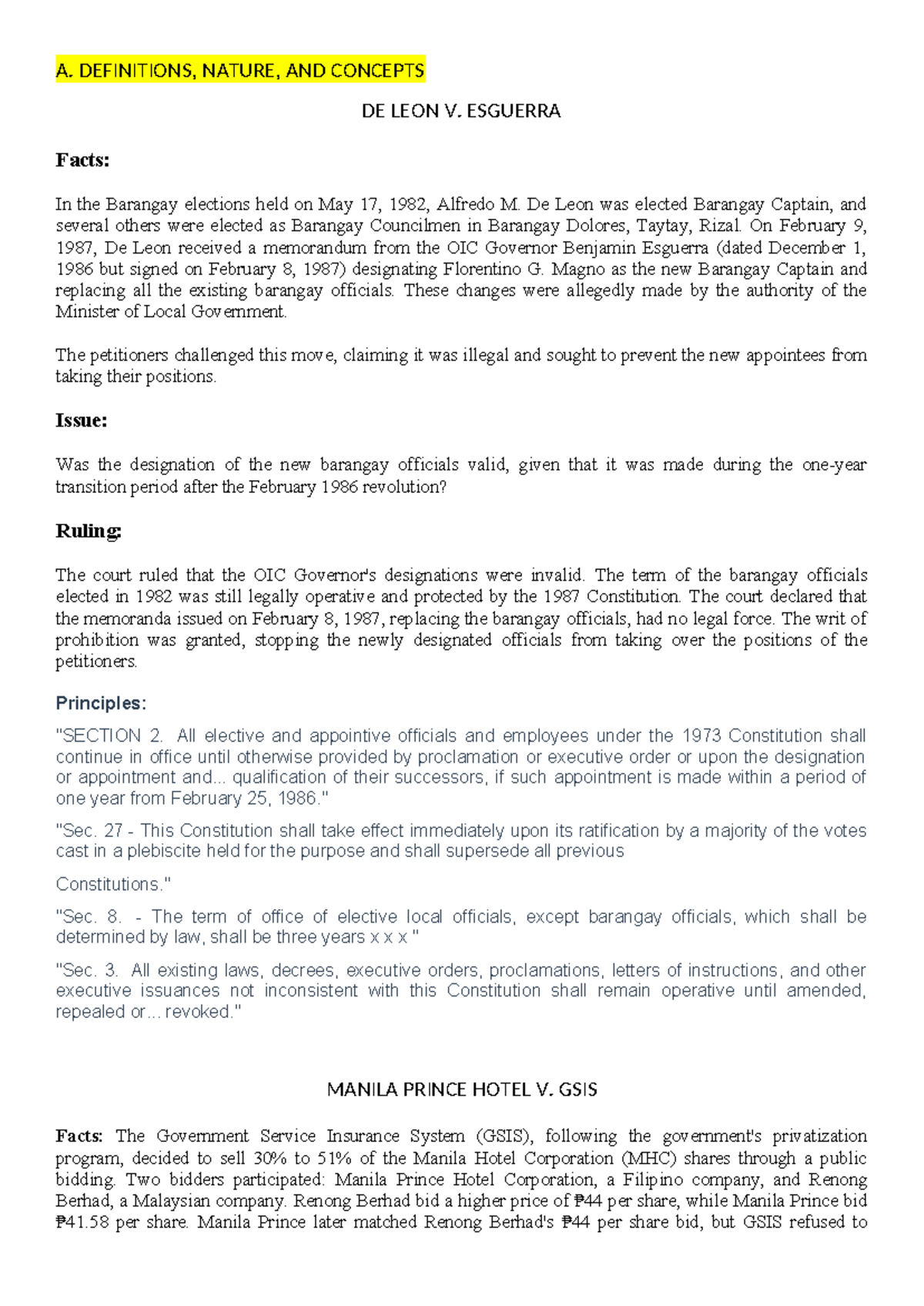 Constitutional Law-Cases - A. DEFINITIONS, NATURE, AND CONCEPTS DE LEON ...