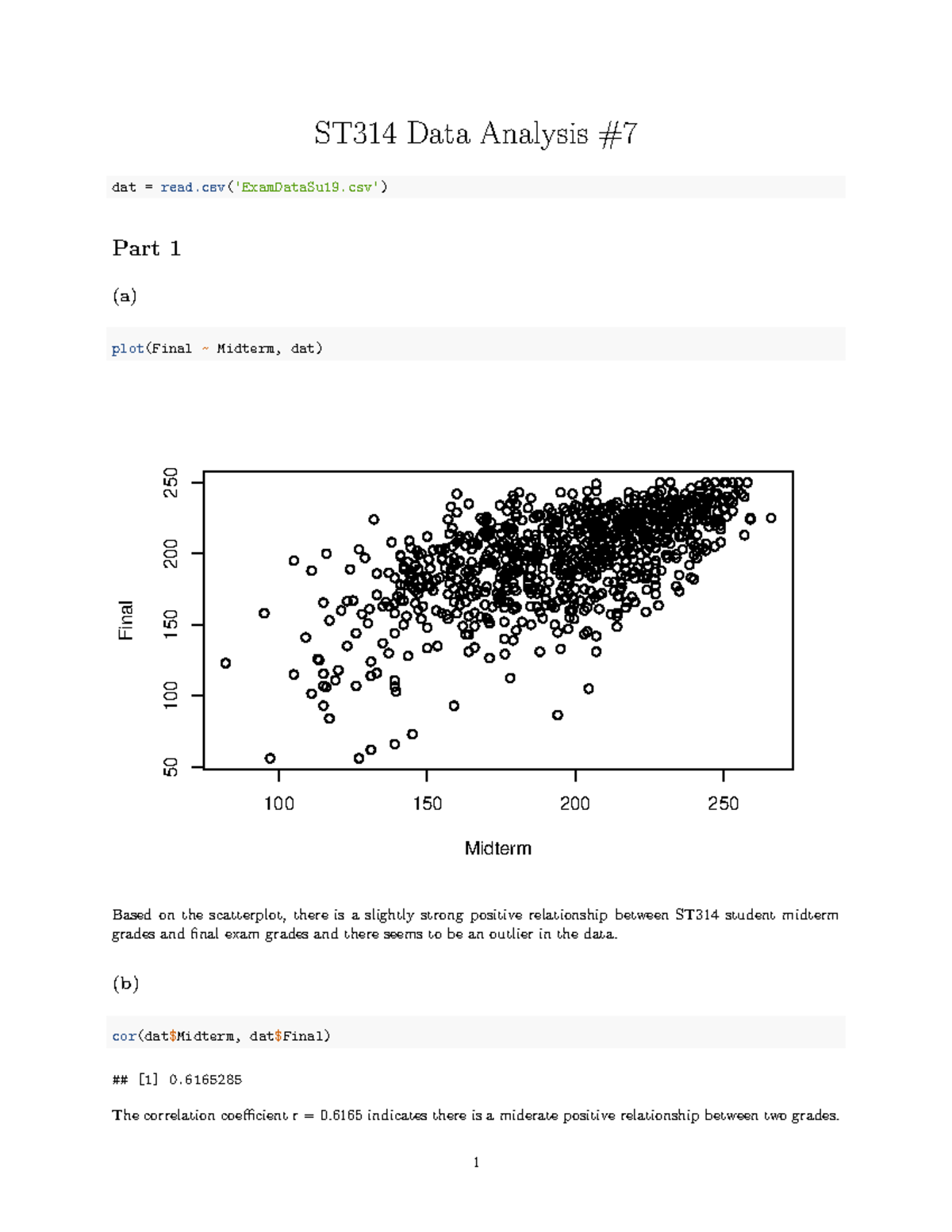 AS7 - analysis HW - ST314 Data Analysis dat =read('ExamDataSu19') Part 1 (a) plot(Final ~Midterm ...