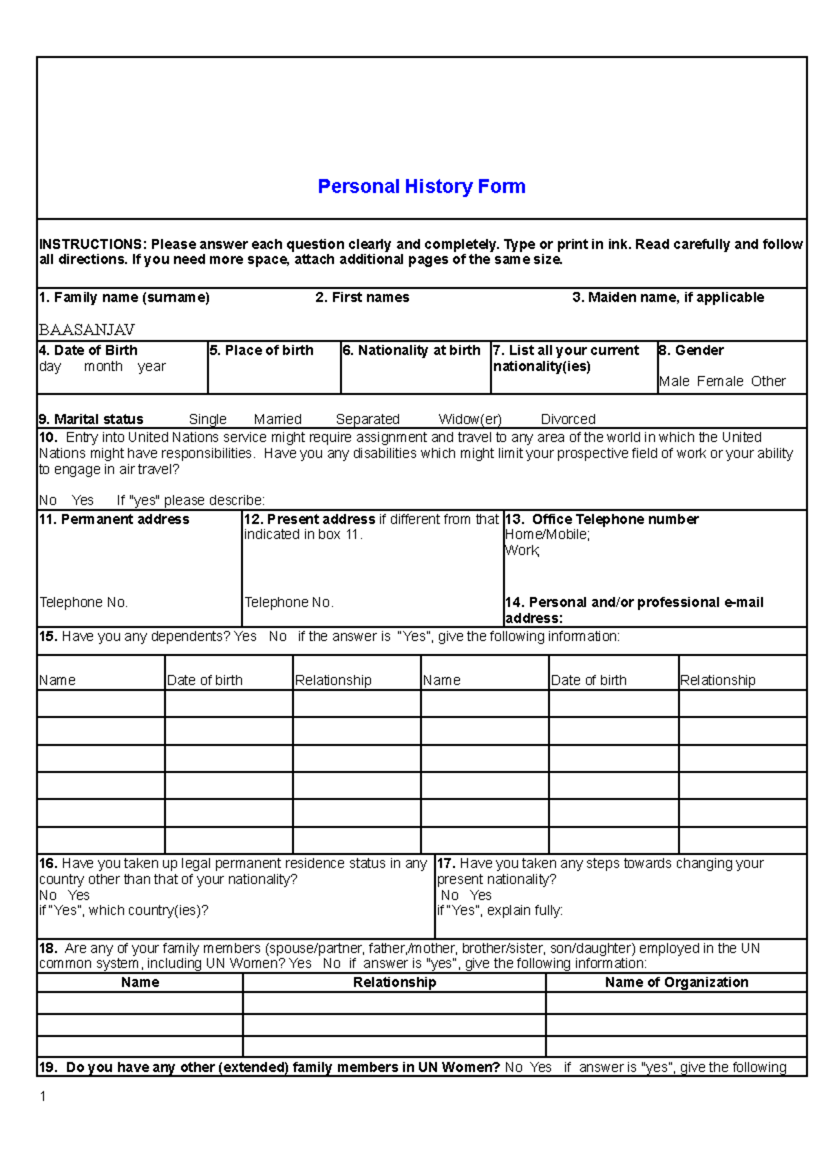 UN Women P11 Personal History Form en - Personal History Form ...