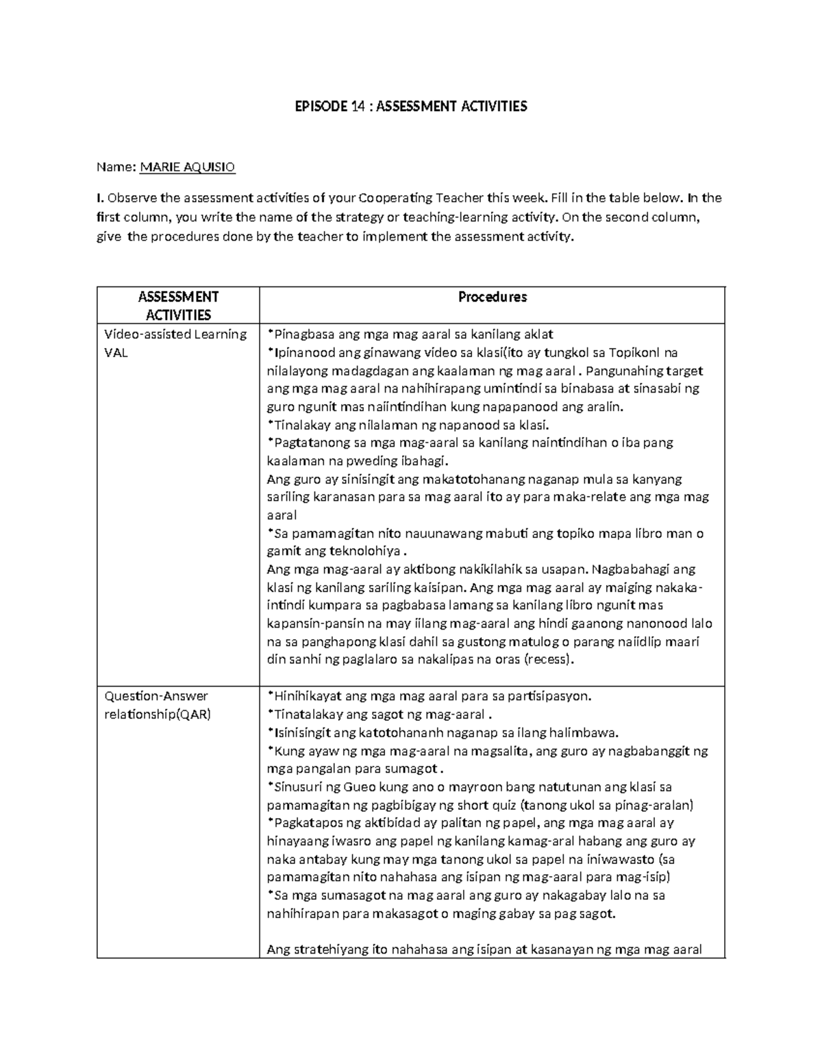 Episode 14 - Wow - EPISODE 14 : ASSESSMENT ACTIVITIES Name: MARIE ...