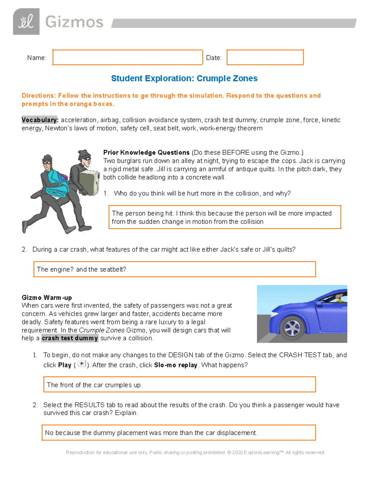 Crumple Zonesss - Name: Date: Student Exploration: Crumple Zones ...