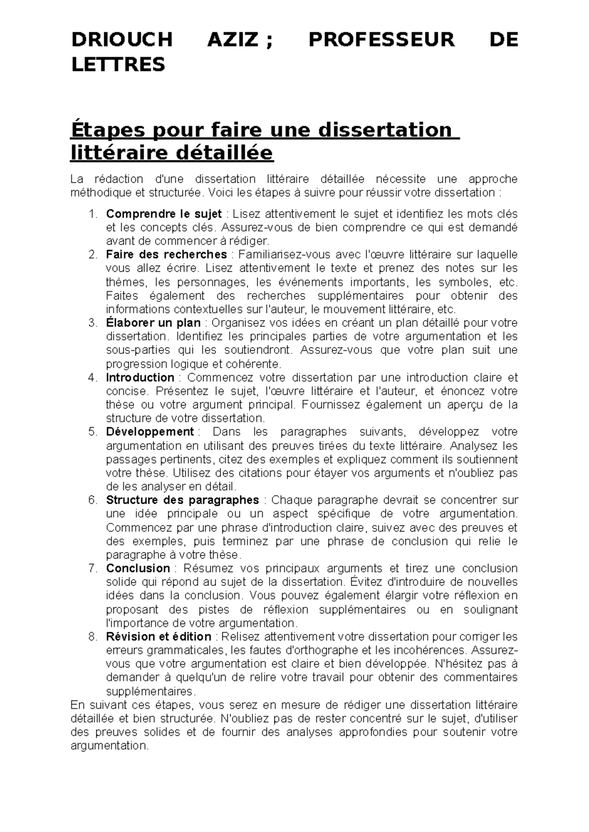 Étapes pour faire une dissertation littéraire détaillée - DRIOUCH AZIZ ...