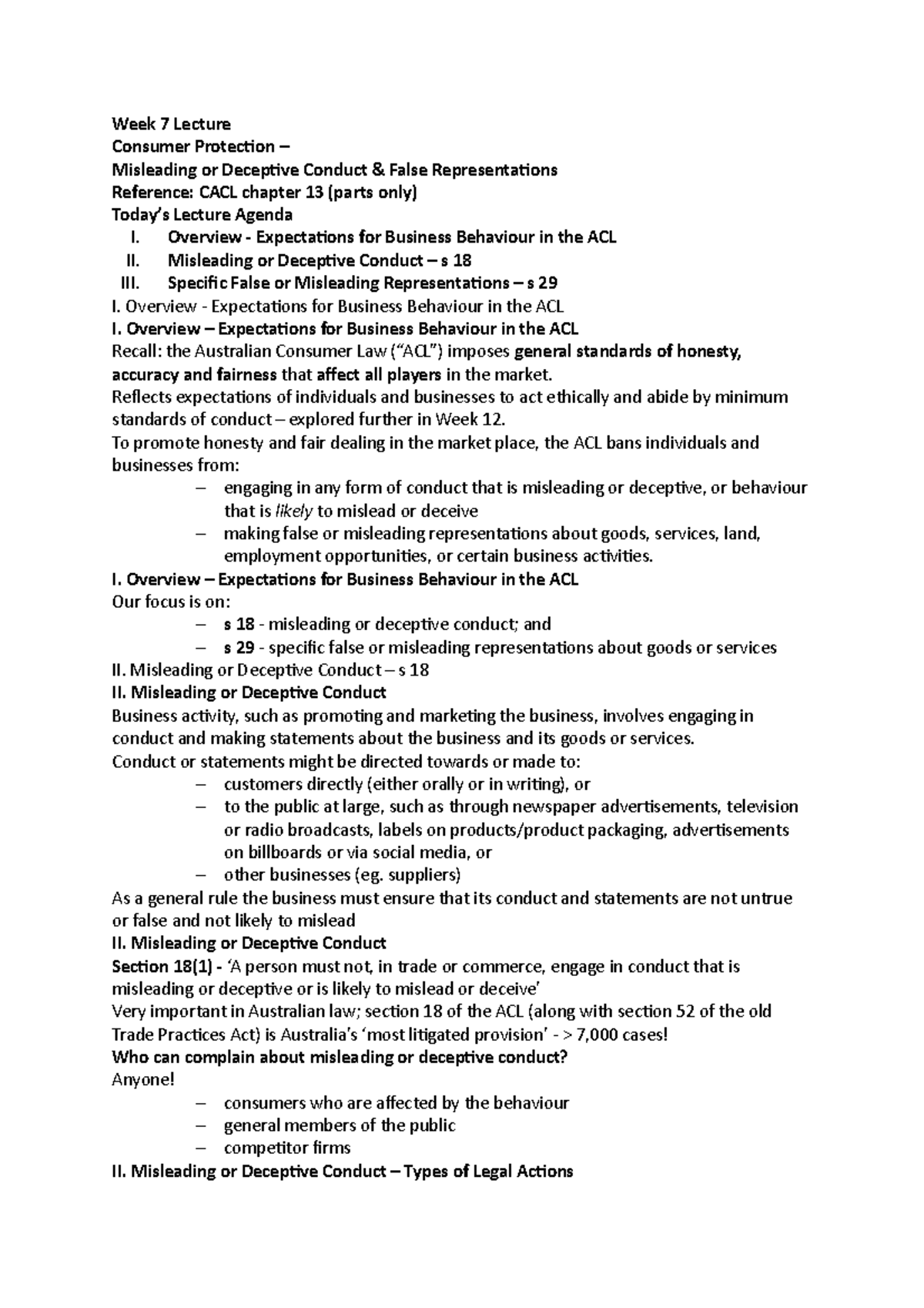 Week 7 Lecture - Week 7 Lecture Consumer Protection – Misleading or Deceptive Conduct & False ...