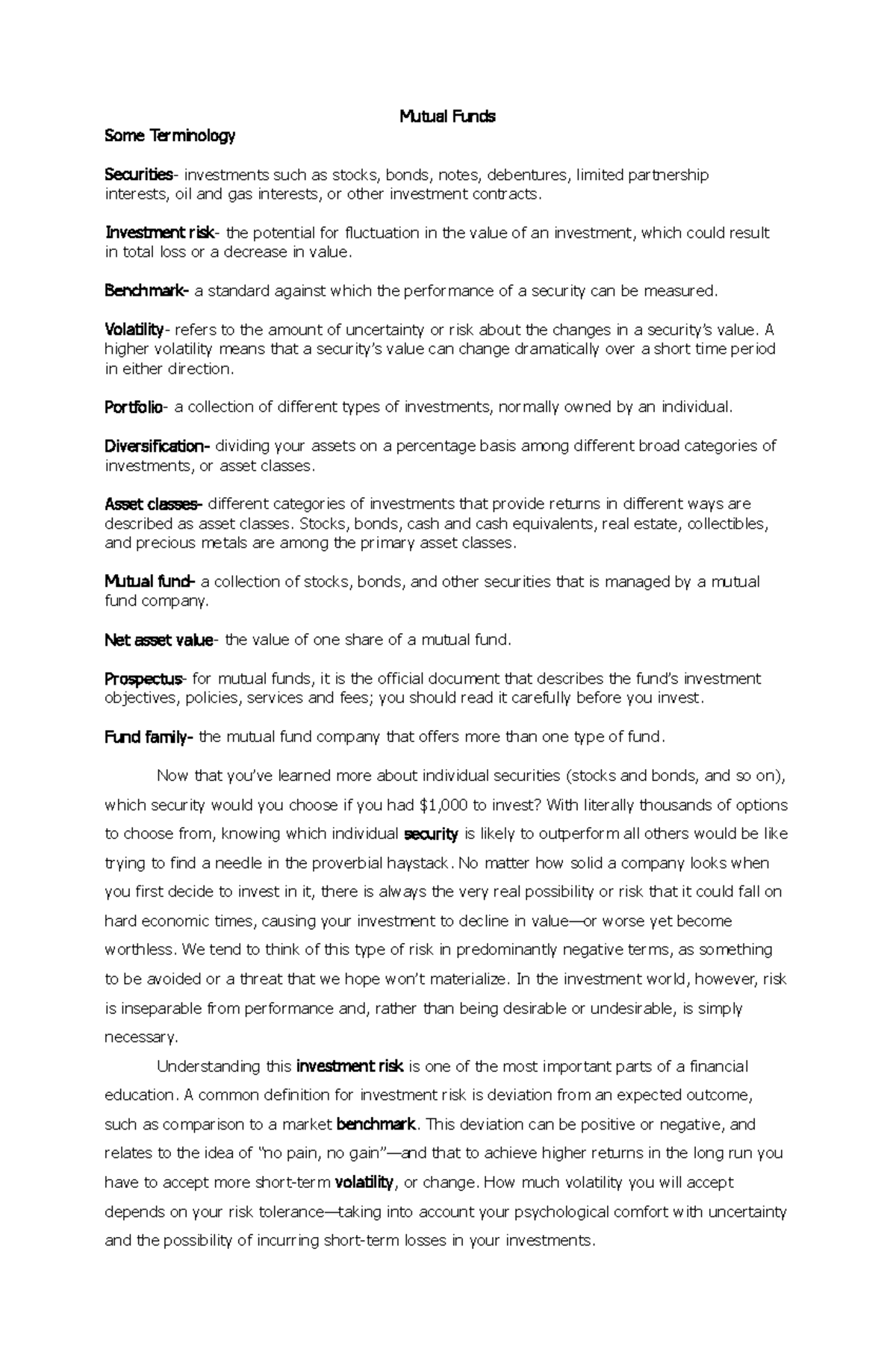 Mutual Funds - notes - Mutual Funds Some Terminology Securities ...