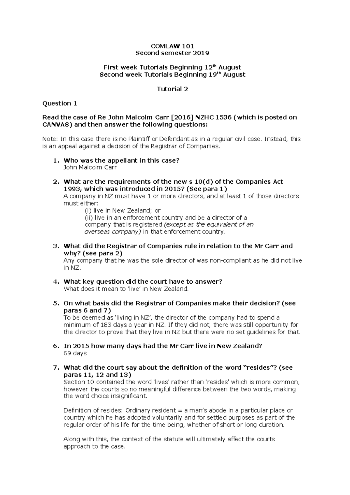 Comlaw 101 Tutorial Two 2019 Sem2 - COMLAW 101 Second semester 2019 First week Tutorials ...