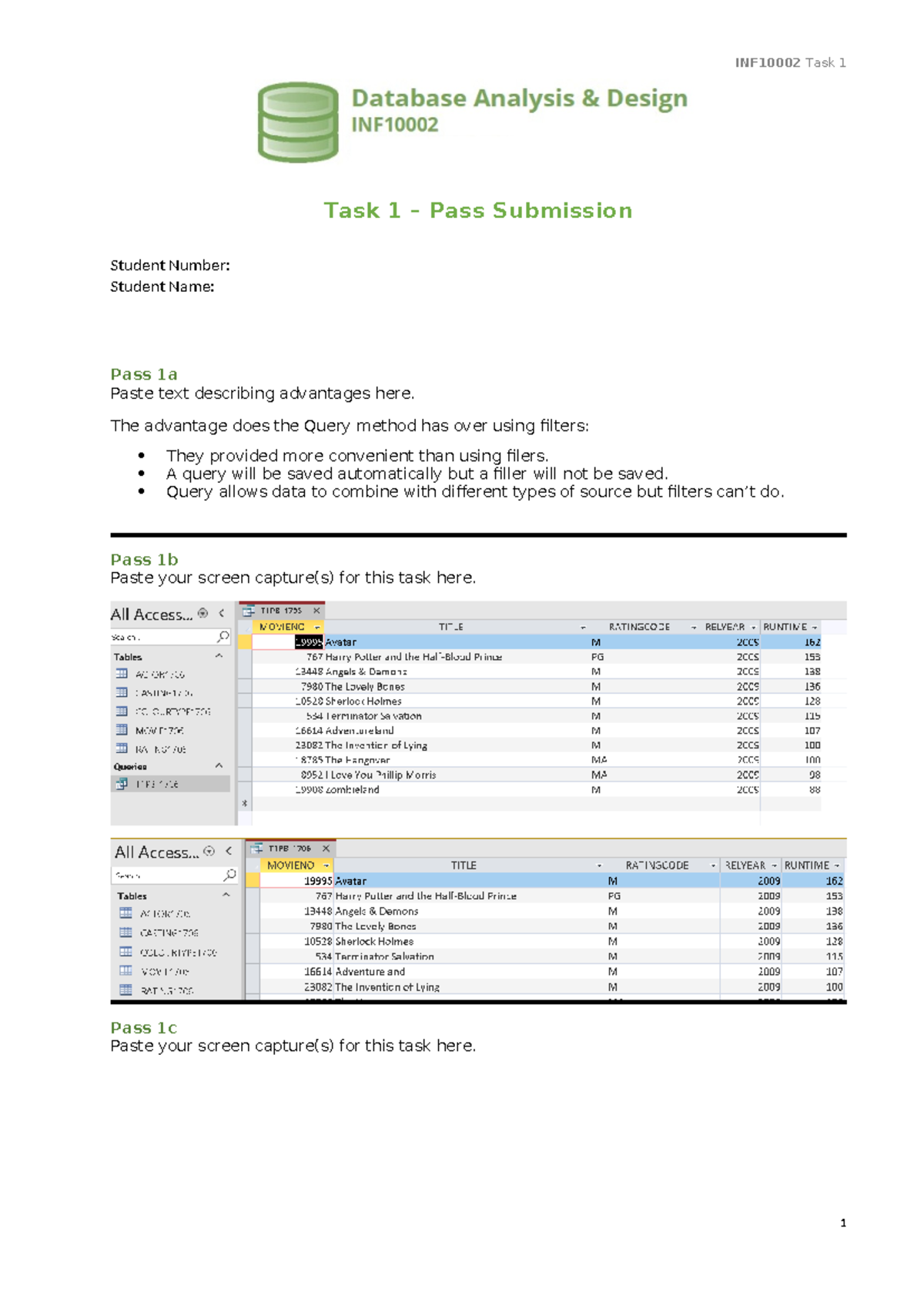 T01P - Task 1 – Pass Submission Student Number: Student Name: Pass 1a ...
