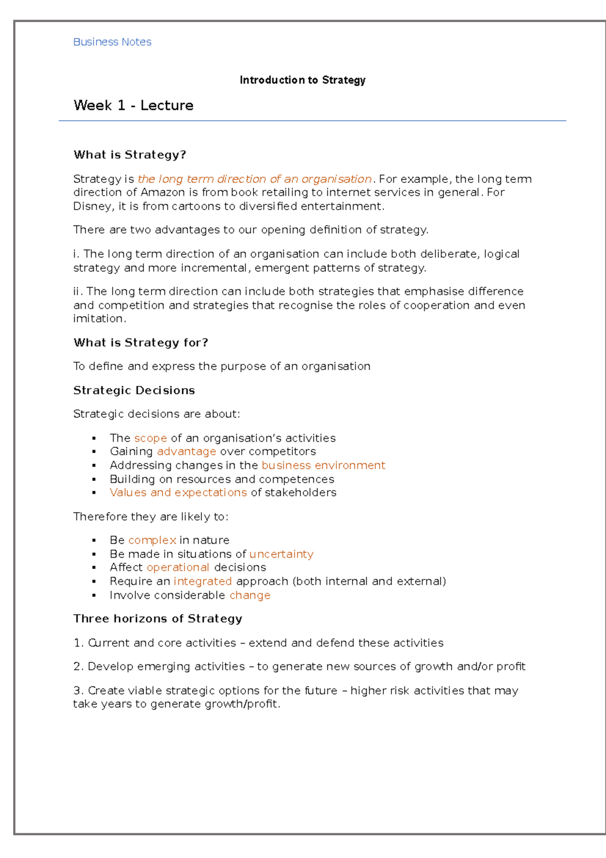 Introduction to Strategy summaries - Introduction to Strategy Week 1 ...