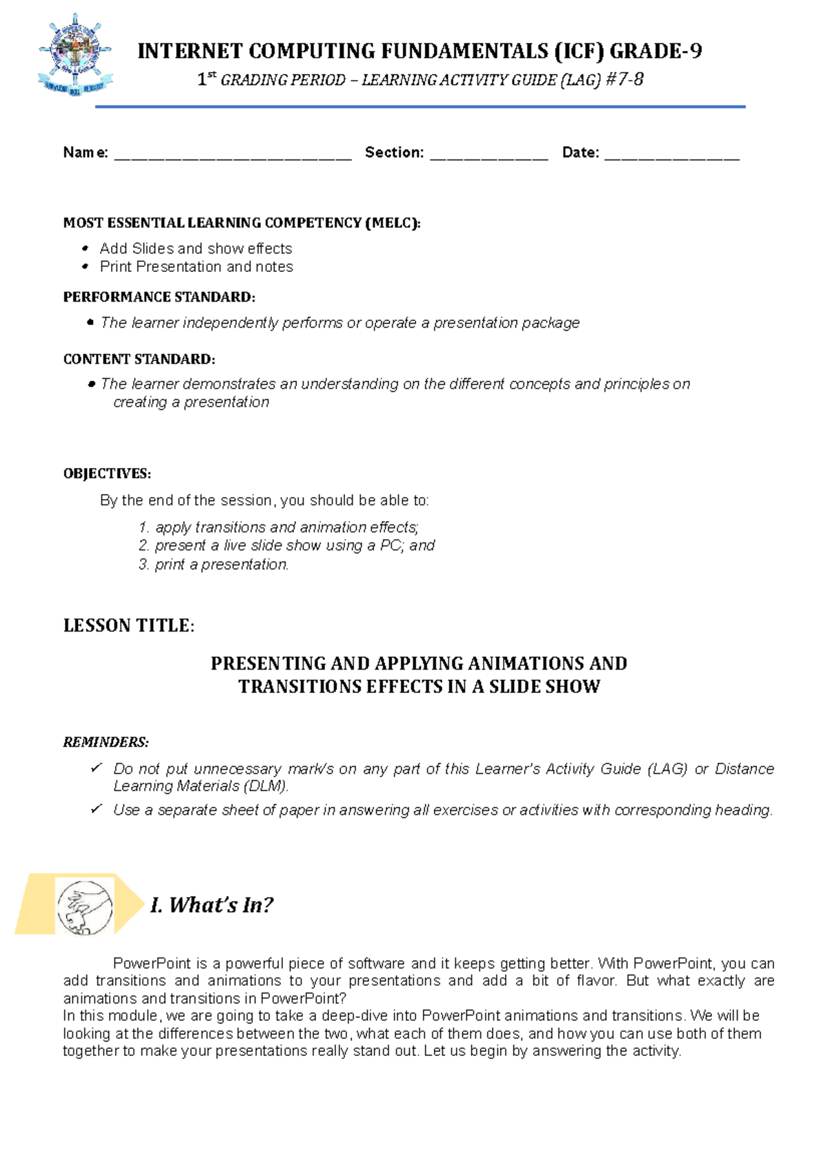 1st GP - ICF 9 - LAG#7-8 - MELC 5-6 - Presenting A Slide SHOW - INTERNET COMPUTING FUNDAMENTALS ...