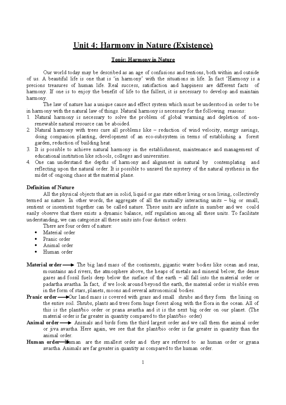UNIT-IV-notes - notes - Unit 4: Harmony in Nature (Existence) Topic ...