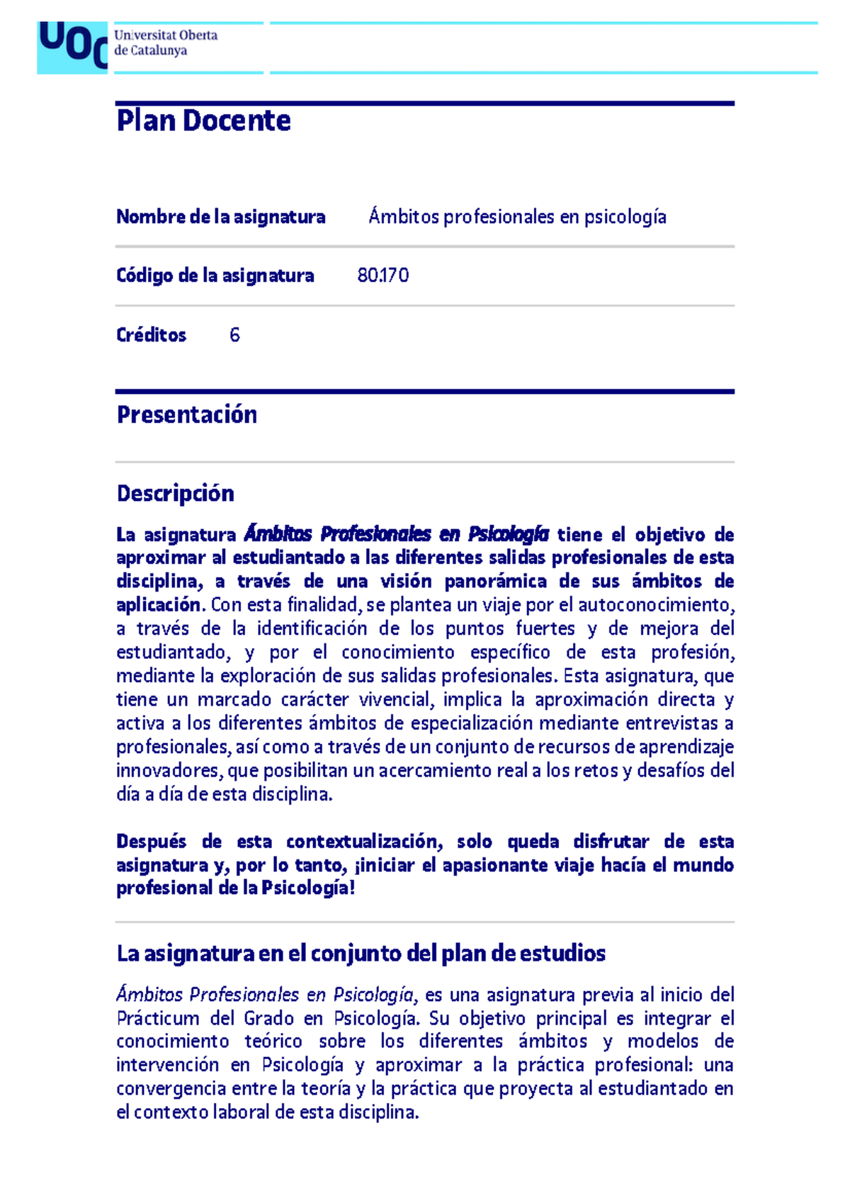 PLAN Docente - Àmbits professionals en psicologia - UOC - Studocu