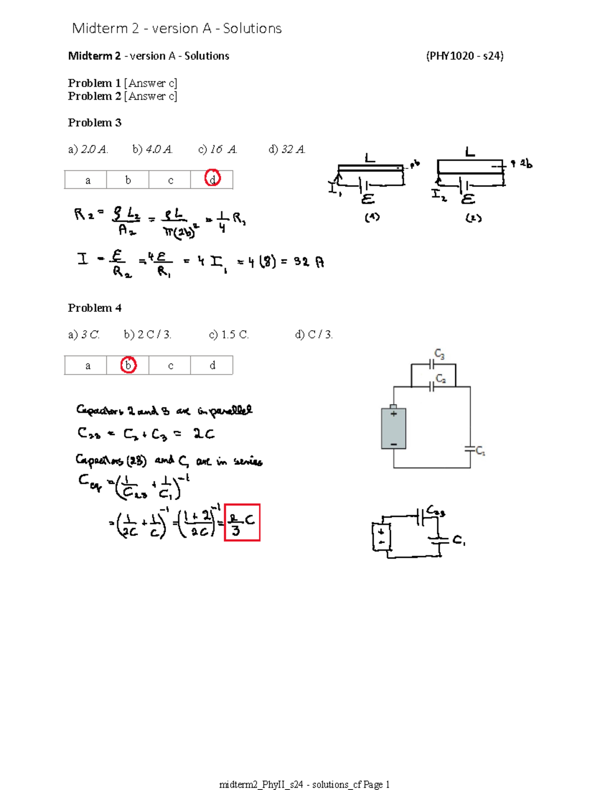 Midterm 2 Phy II s24 v A solutions cf - Midterm 2 - version A - Solutions (PHY1020 - s24 ...