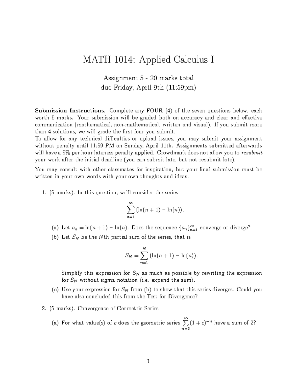Assignment 5 - Notes - MATH 1014: Applied Calculus I Assignment 5 - 20 ...