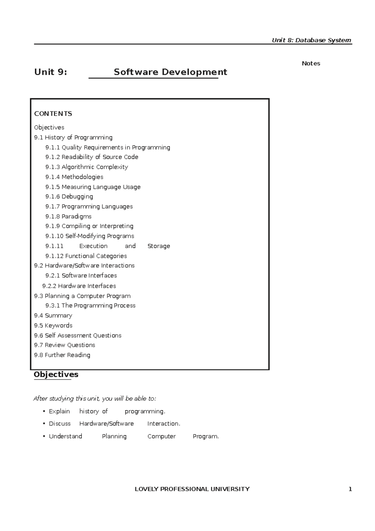 Unit 9 - notes - Unit 8: Database System Notes Unit 9: Software ...