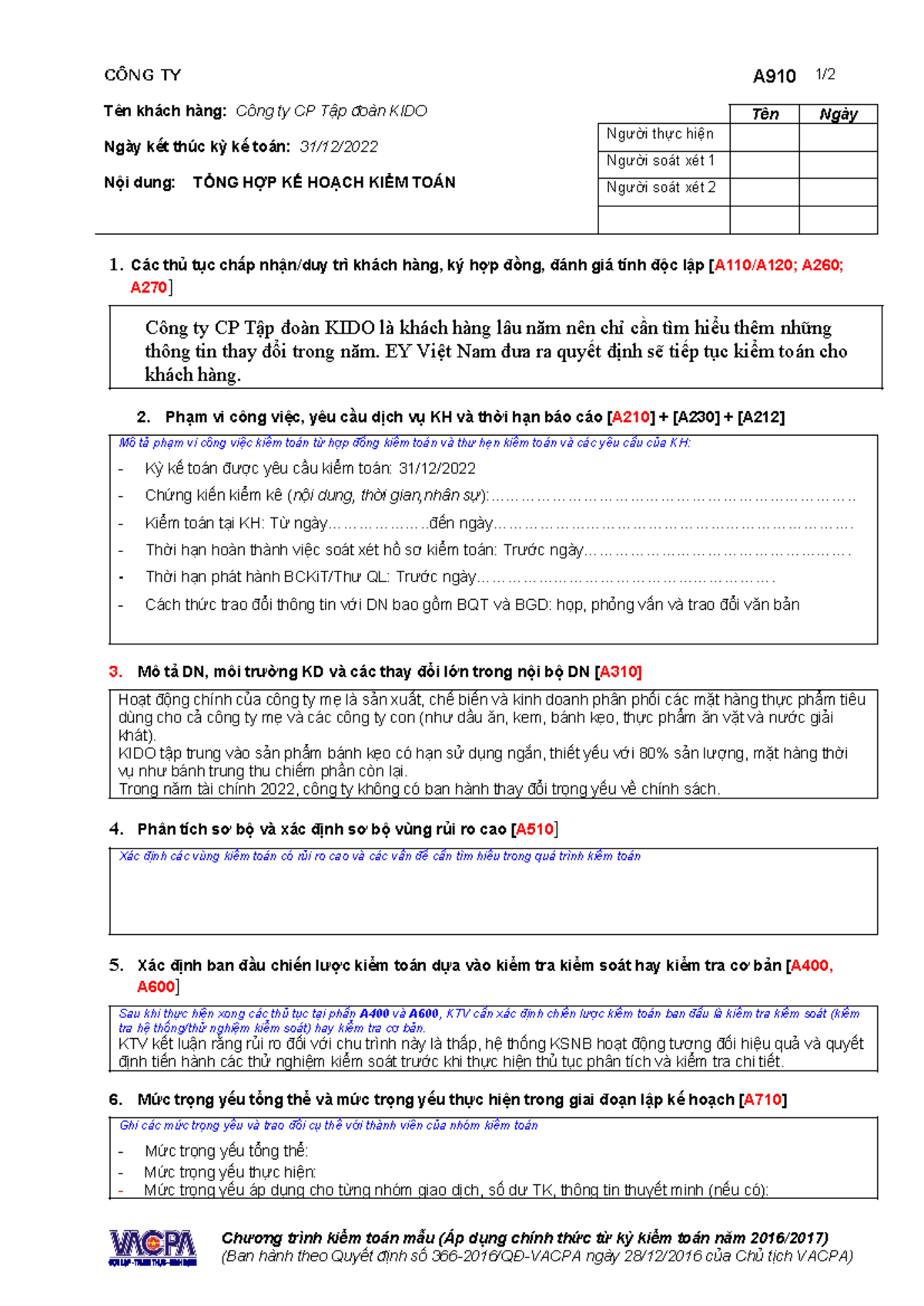 A910 Tong hop ke hoach kiem toan - CÔNG TY Tên khách hàng: Công ty CP Tập đoàn KIDO Ngày kết ...